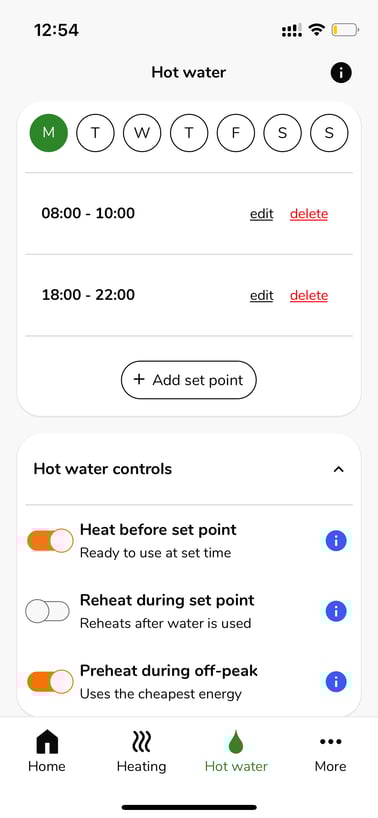 How can I set and edit my hot water schedule?