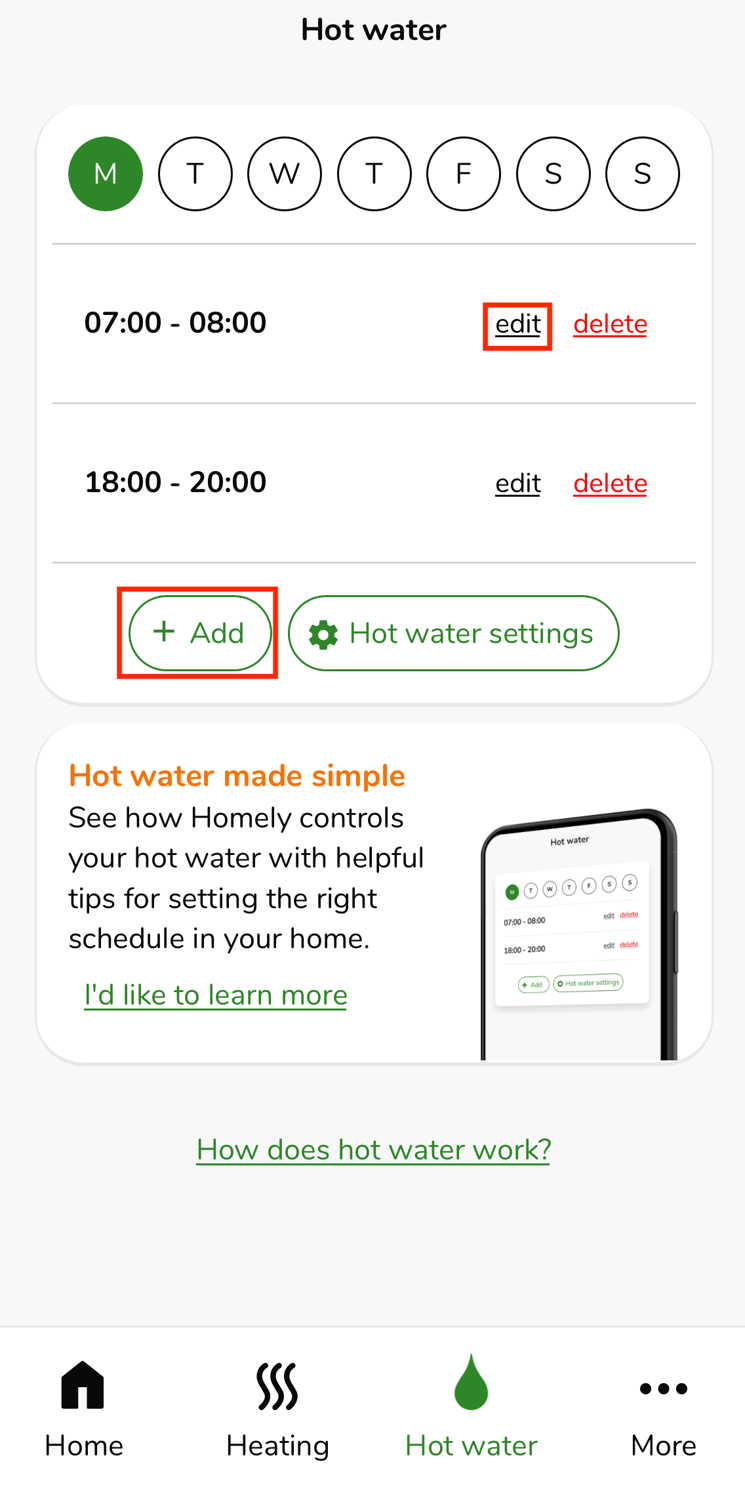 How can I set and edit my hot water schedule?